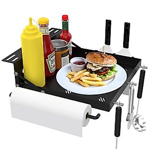 New Upgraded Griddle Caddy Shelf for Blackstone 17"/ 22"/ 28" Griddle, Addition Side Rack Storage Tray with Paper Towel Holder, Spatula Holder and 3 Hooks Organizer for Blackstone Grill Accessories