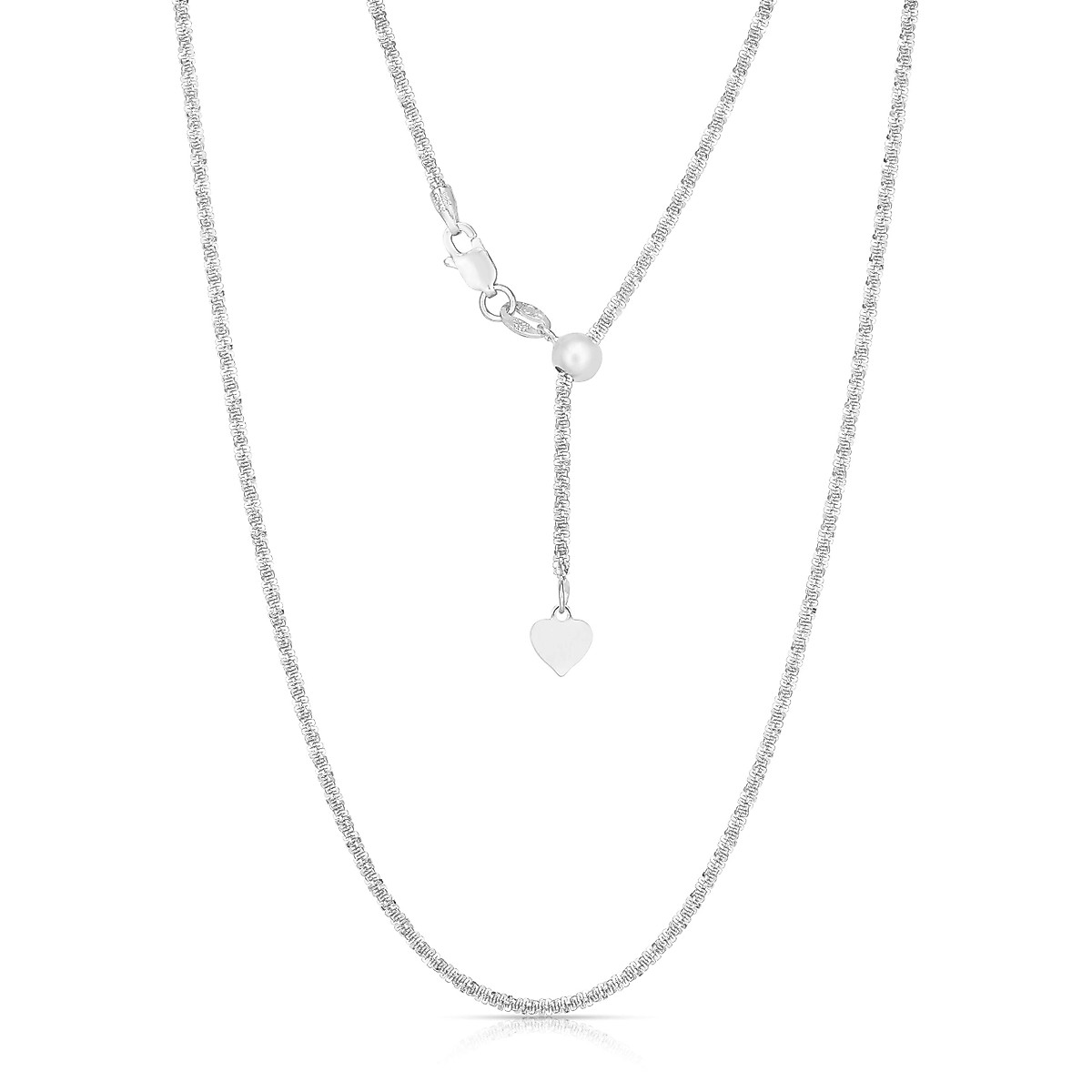 Floreo 14k White Gold 1.5mm Adjustable Criss Cross Twisted Sparkle Chain Necklace with Small Heart Charm, 22 Inch