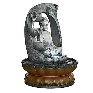 PeterIvan Buddha Fountain - 11in Buddha Tabletop Water Fountain for Home&Office Decoration, Decorative Sculpture with LED Light&Circular Water Flow for Good Luck Keeping (Grey, 11inch)