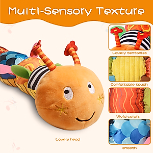 ZUCOOP Baby Musical Worm Soft Infant Toy, 6 Different Sensory, Crinkle and Rattle Stuffed Animals for Newborn Toy Tummy Time 0-3-6-12 Months Old Girl Boy Gifts, Cuddly Caterpillar