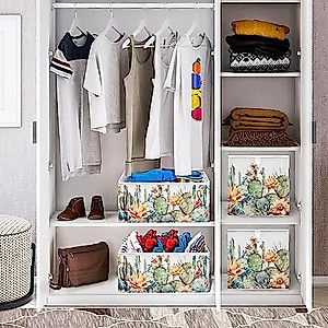 Vnurnrn Cactus Painting Collapsible Cube Storage Bins, Storage Box with Support Board, Foldable Fabric Baskets for Shelf Closet Cabinet