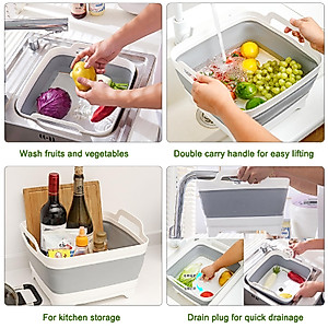 KEPPIER Dishpan, 9L Collapsible Washing Basin (Gray, PP, TPR), Portable Dish Tub with Drain Plug, Space-Saving Drying Rack for Kitchen, Camping, Laundry use