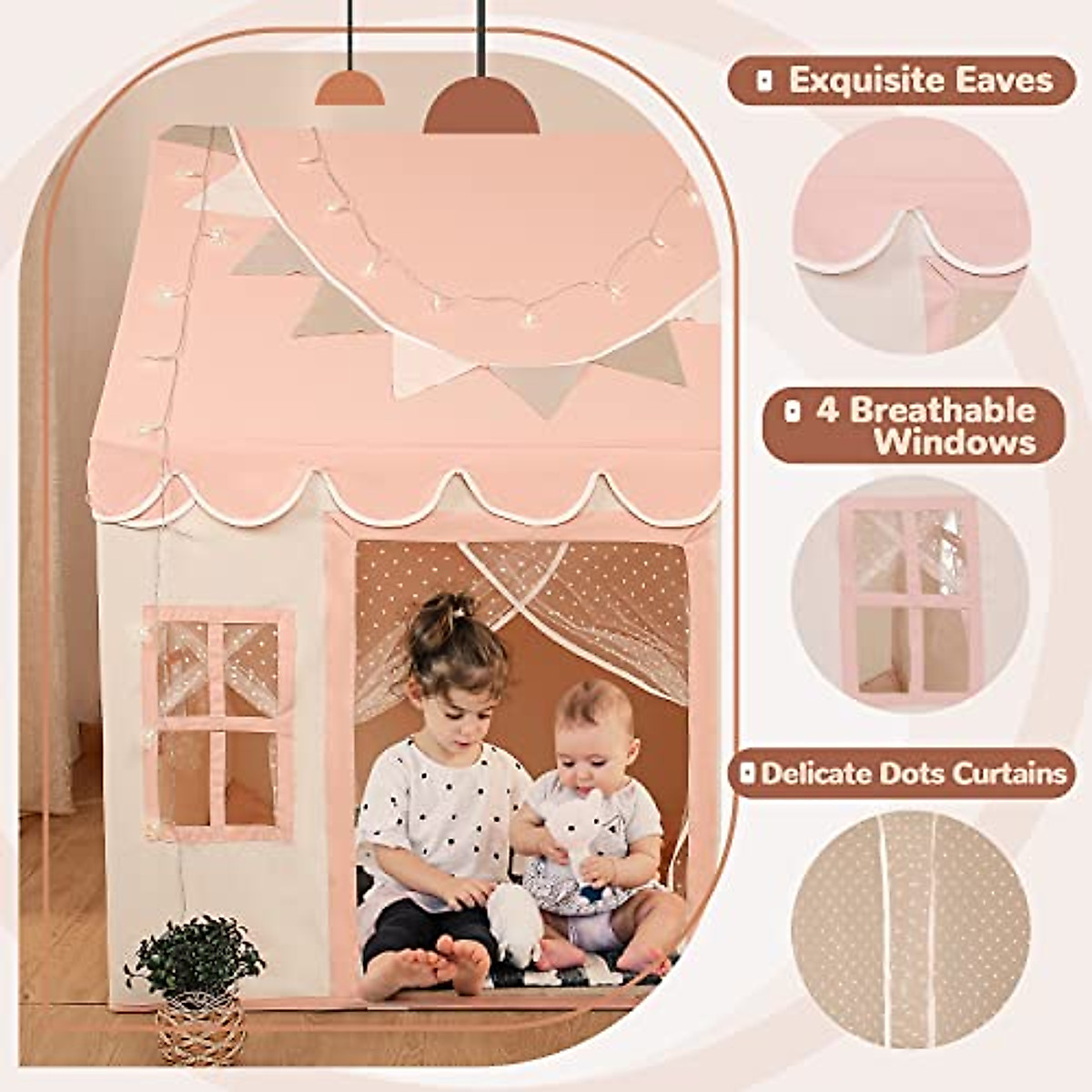 Kids Play Tent with Non-Slip Mat, Star Lights, Decorating Flag, Dots Curtains Playhouse with 4 Windows, Machine Washable, Indoor and Outdoor Play Tent for Kids, Girls, Pink, 47" x 40" x 52"