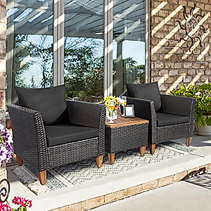 Tangkula 3-Piece Patio Furniture Set, Patiojoy Outdoor PE Wicker Bistro Set with Soft Cushions and Solid Acacia Wood, Outdoor Conversation Set with Porch, Balcony and Garden (Black)