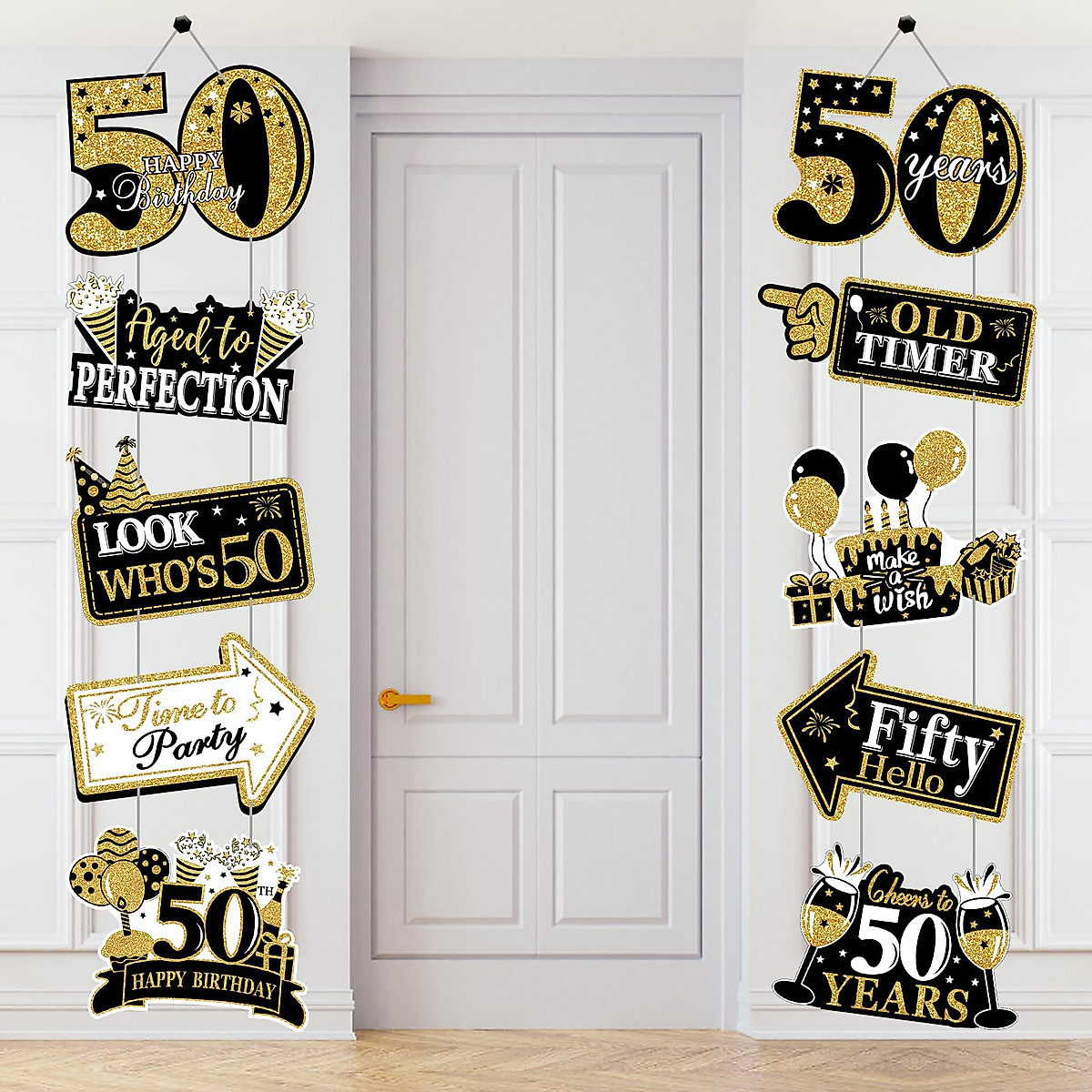 Guiruiy 20Pcs 50th Birthday Decorations for Men Women, Happy 50th Birthday Door Banner, Black Gold 50th Birthday Photo Booth Props, Waterproof Thick Cardboard 50 Bday Party Supplies for Indoor Outdoor