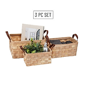 Maison Sucasa Wood Chip Nesting Storage Bin Set, 11, 13, and 16 Lb. (4.9, 5.9 and 7.25 Kg) Capacity, Leather Strap Handles, Home Decor, Set of 3, Brown