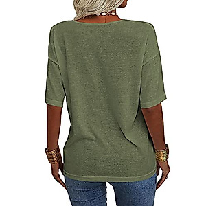 Danedvi Women Fashion V-Neck Half Sleeves Oversized T Shirt Solid Casual Loose Basic Tops Army Green