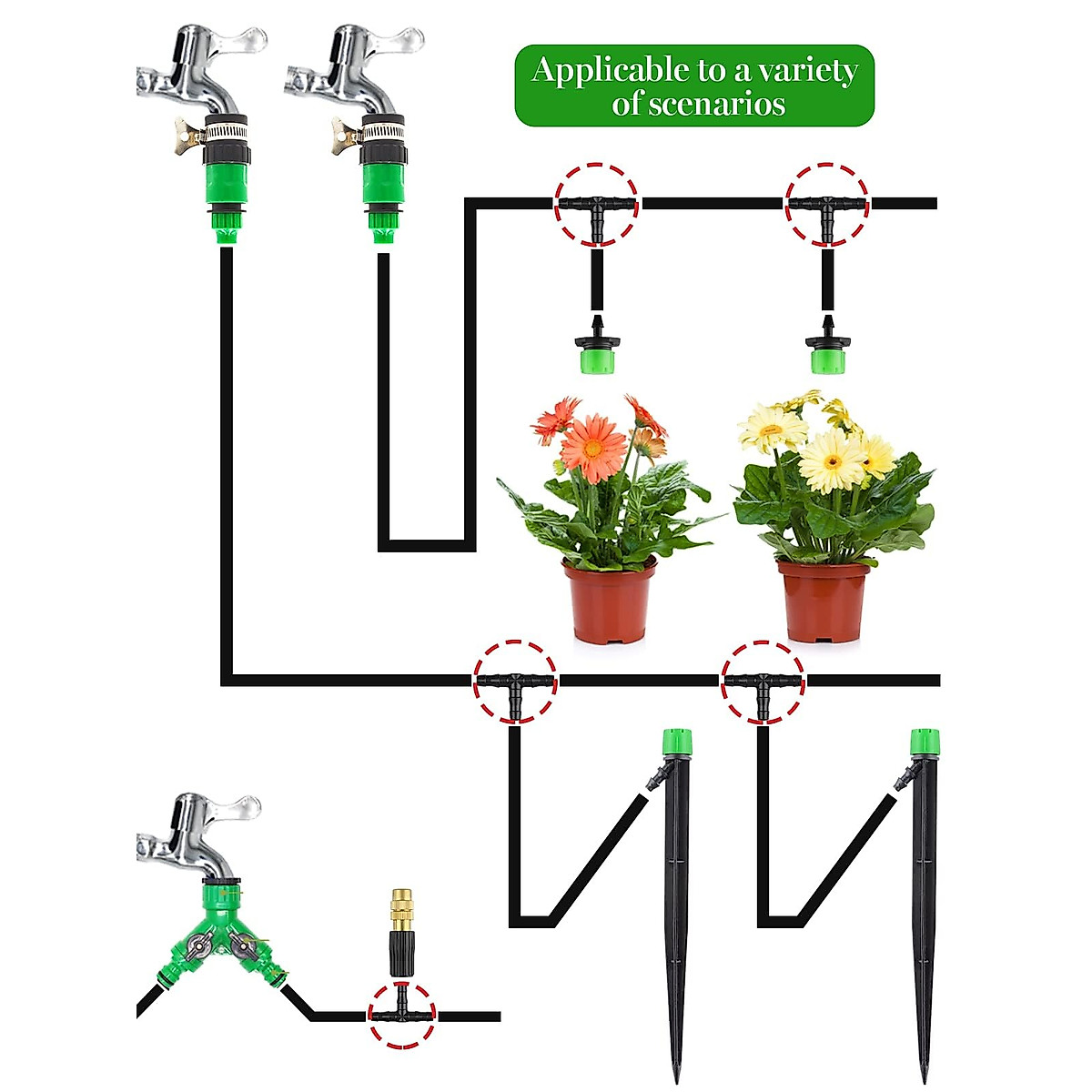 Kalolary 500Pcs Barbed Tee Irrigation Fittings, 1/4 Inch Tube Universal Drip Irrigation Connector Compatible with Watering Systems, 4/7mm Hose Automatic Irrigation Adapter