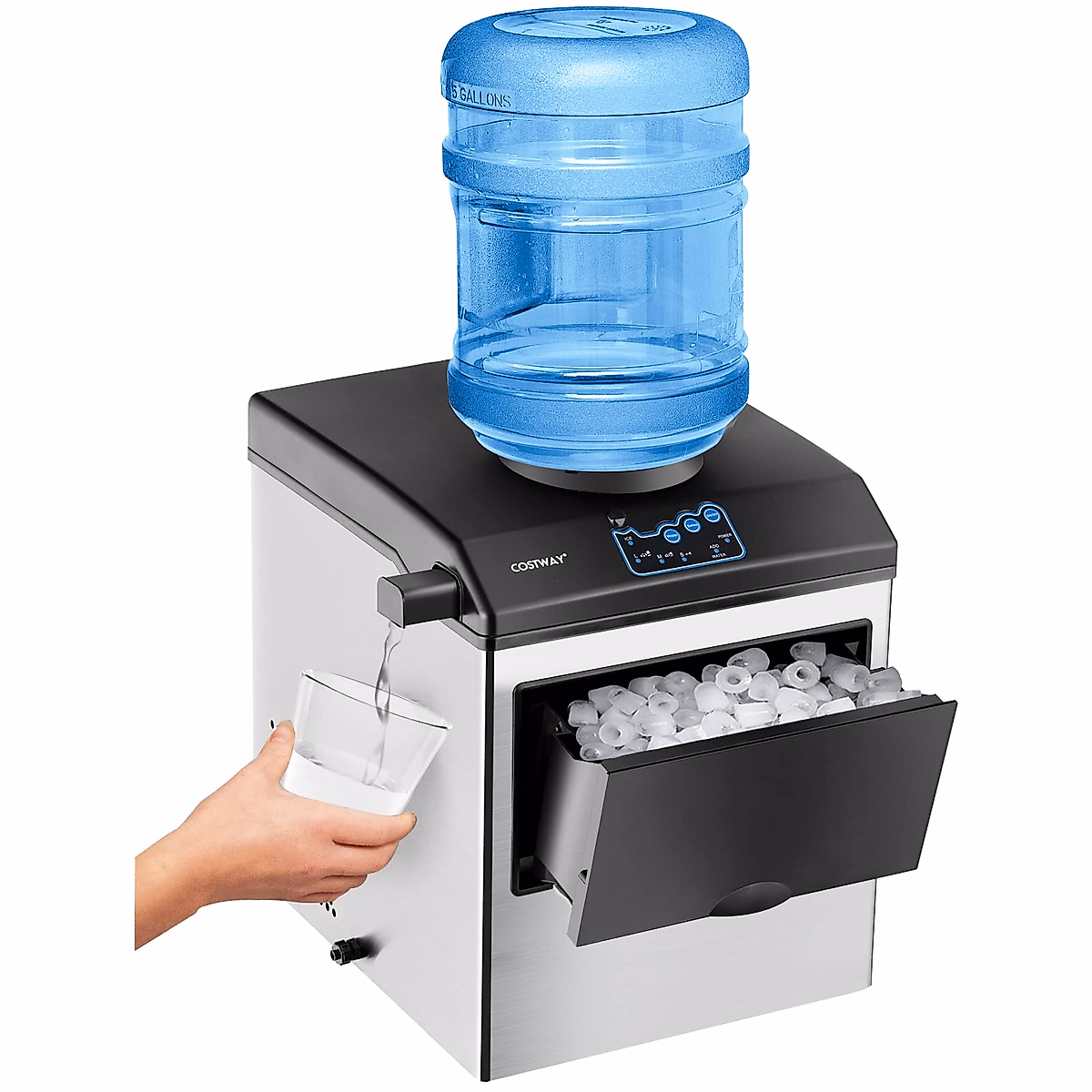 COSTWAY 2 in 1 Countertop Ice Maker Built-in Water Dispenser, 48LBS per Day, S/M/L Size Ice Cube, 5LBS Ice Storage Basket, Fast 6 Mins, Stainless Steel Ice Machine with Extendable Chilled Water Spout