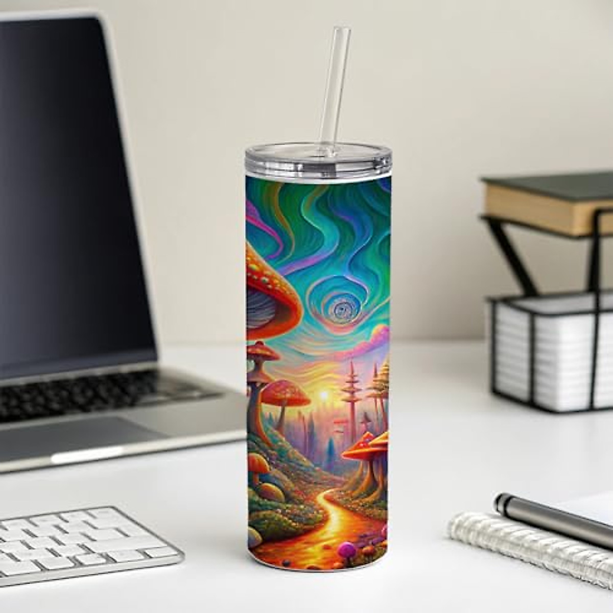 Psychedelic Lots of Mushrooms Vibrant Colors Skinny Tumbler 20oz with Straw Insulated Water Bottle Gift