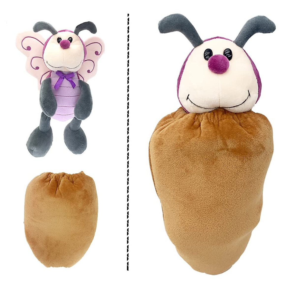 JoyAmigo Butterfly Stuffed Animal Plush Bug Toys with Embroidered Wings Soft Insects Plushie Bundled with Cocoon Bag, Gift for Girls Kids Babies, Mother's Day Present