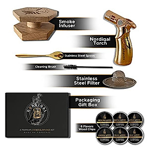 NORDIQAL Cocktail Smoker Kit with Torch, 6 Wood Chip Flavors for Whiskey and Bourbon (Butane Not Included) - Distressed Smoke Lid and Premium Packaging, Old Fashioned Whiskey Drink Smoker Infuser Kit