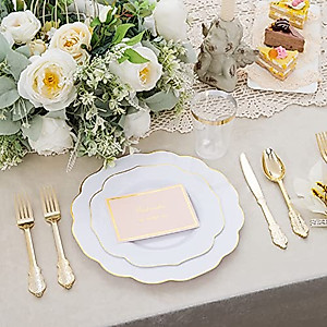 BUCLA 180 Gold Plastic Plates with Disposable Plastic Silverware include 30 Dinner Plates, 30 Salad Plates, 30 Forks, 30 Knives, 30 Spoons,30Cups for Wedding and Thanksgiving Party