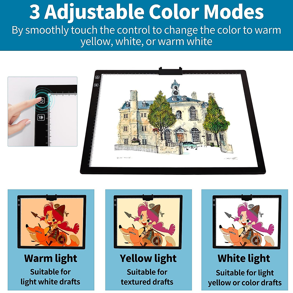 KOBAIBAN Wireless A3 LED Light Pad with Foldable Stand, Top Clip, 3 Colors/Stepless/ 6-Level Dimmable Brightness Rechargeable tracing Light Box/Board for Cricut Vinyl, Weeding Tool, Diamond Painting