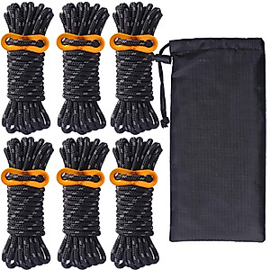 Hikeman 6 Pack 4mm Outdoor Guy Lines Tent Cords Lightweight Camping Rope with Aluminum Guylines Adjuster Tensioner Pouch for Tent Tarp, Canopy Shelter, Camping, Hiking, Backpacking (Black)