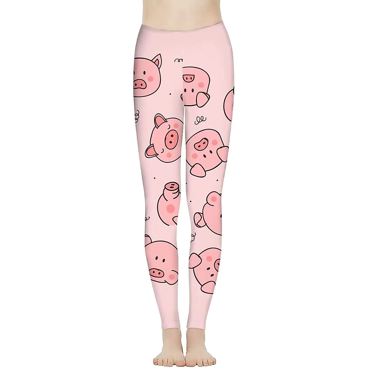 Funny Cartoon Pink Pig High Waist Yoga Pants Cute Pig Face Seamless Pattern Sports Gym Running Leggings Animal Print Pink Background Workout Pants Full Length Tummy Control for Women Teen Girls (XL)