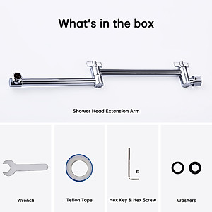 G-Promise Shower Head Extension Arm, 16" Solid Brass Adjustable Extender with Lock Joint, Standard 1/2", Rise or Lower Rainfall and Fixed Shower Head, Height/Angle Adjustable Extension Arm Attachment