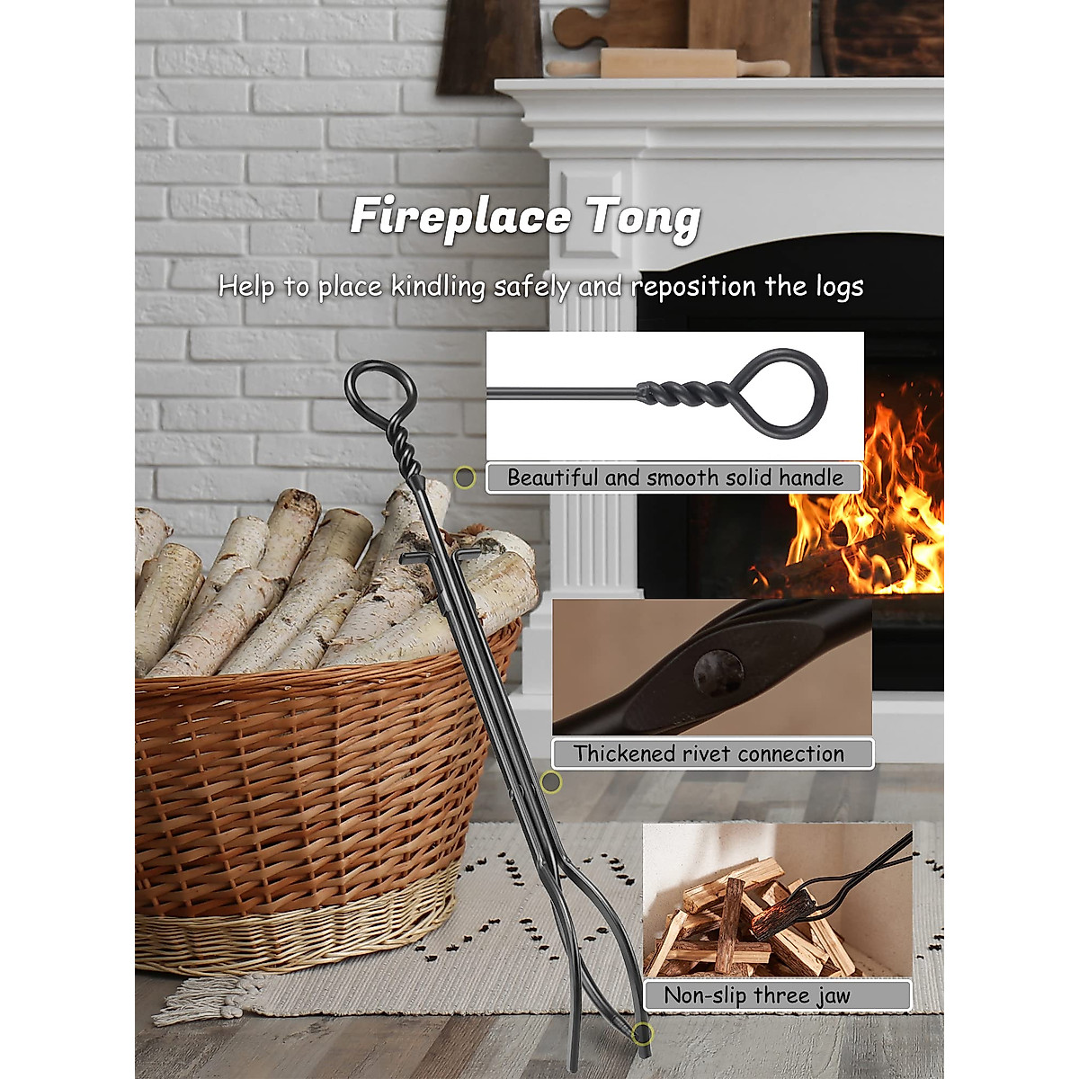 Lichamp Fireplace Tools Set, 5-Pieces Indoor Outdoor Sturdy Fire Place Poker Sets with Retro Handle and Heat Resistant Leather Gloves, FTS55BK