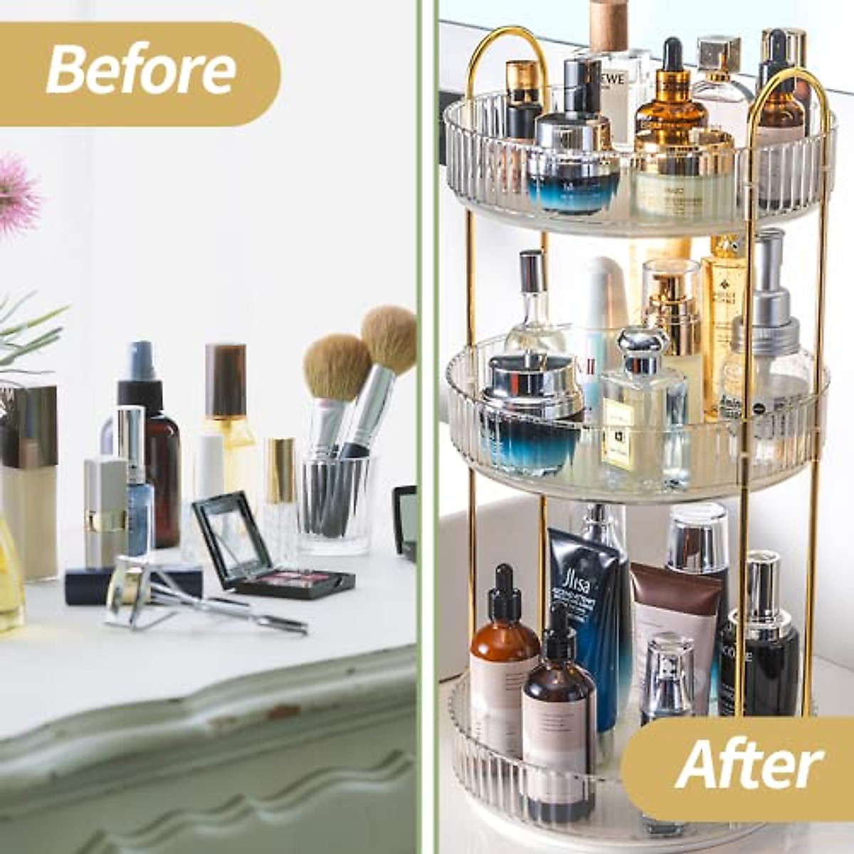 360° Rotating Makeup Organizer, Bathroom Makeup Carousel Spinning Holder Rack, Large Capacity Cosmetics Storage Box Vanity Shelf Countertop, Fits Cosmetic, Perfume (Transparent 3 Layers)