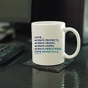 Andaz Press 11oz. Coffee Mug Gift, Bible Verses, Love Always Protects, Always Trusts, Always Hopes, Always perseveres. Love Never Fails. 1 Corinthians 13:4-8, 1-Pack