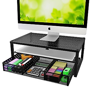 Simple Trending-Metal Monitor Stand Riser and Computer Desk Organizer with Drawer for Laptop, Computer, iMac, Black