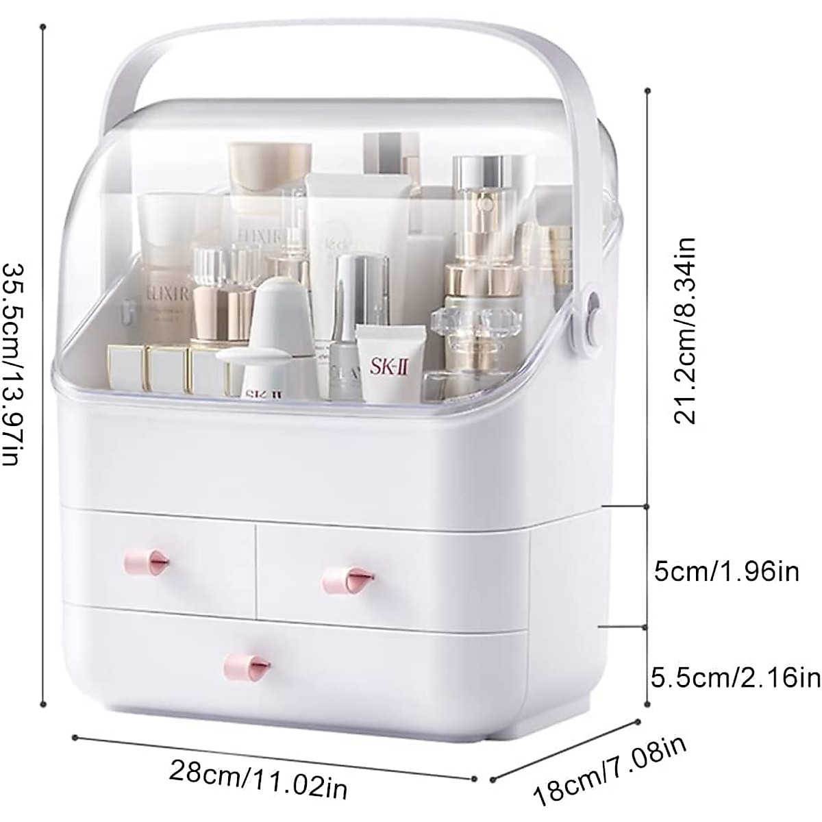 LINFIDITE Cosmetic Storage Box with Lid Makeup Organizer Box with Dust Free Cover Portable Handle,Large Makeup Display Case with Drawers Fully Open Lid,Great for Dresser Bathroom Countertop