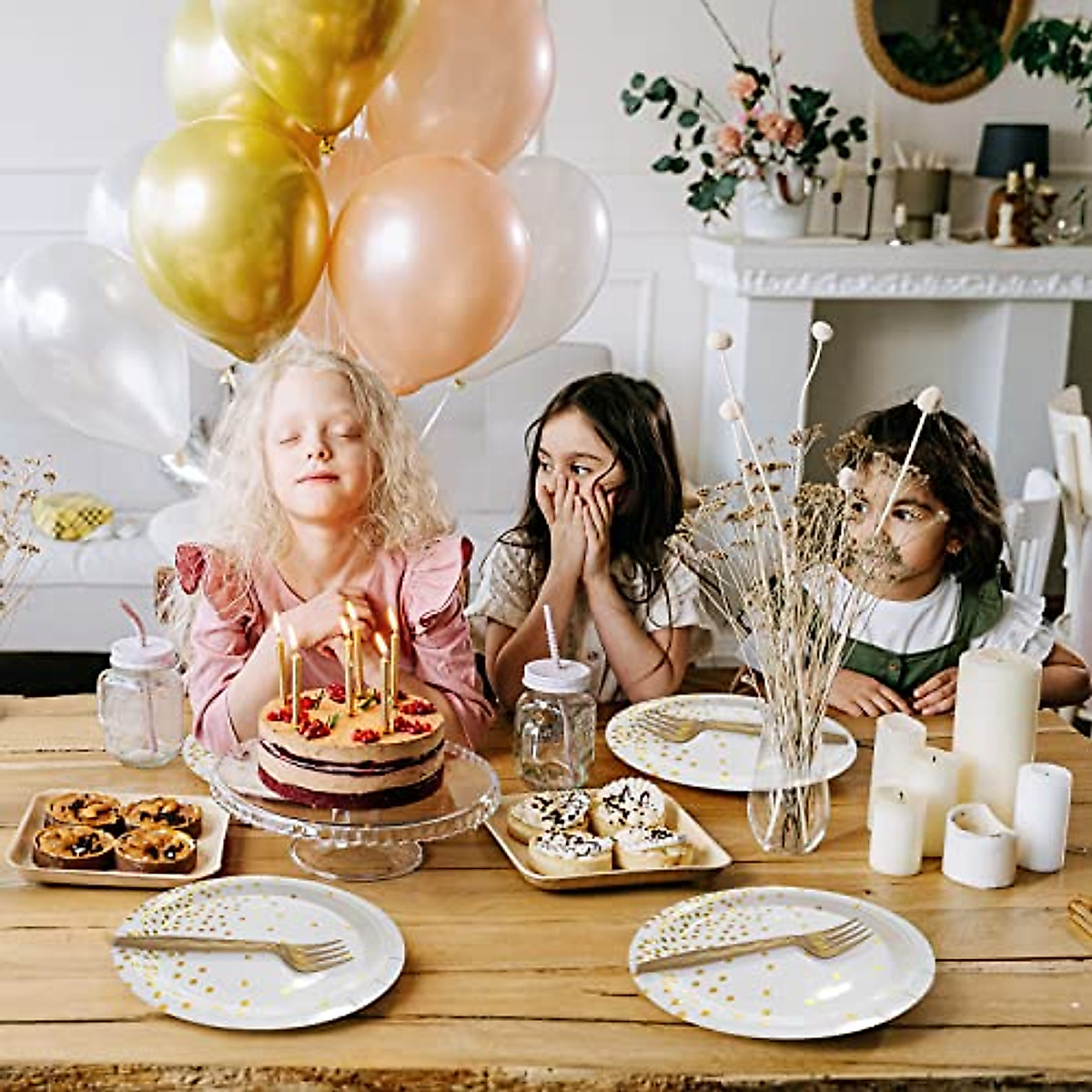 WXLDGHQ White and Gold Paper Plates Napkins Party Supplies,Disposable Gold Dot Paper Dessert Plates,105 PCS Birthday Plates and Napkins Party Supplies for Wedding(Serves 35 Guests 7")