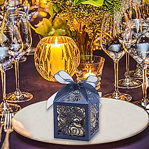 KPOSIYA 70 Pack Wedding Favor Boxes Laser Cut Boxes Party Favor Box Small Gift Boxes Lace Candy Boxes for Wedding Bridal Shower Baby Shower Birthday Party Anniverary with Ribbons (Navy, 70)