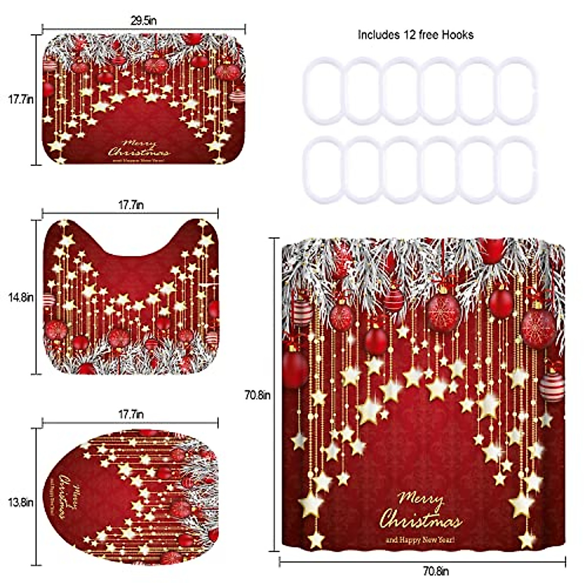 BBLYANU 4 Pcs Merry Christmas Shower Curtain Sets with Rugs,Santa Claus Shower Curtains for Bathroom with 12 Hooks,Non-Slip Rugs,Toilet Lid Cover and Bath Mat for Bathroom Christmas Decoration (02)