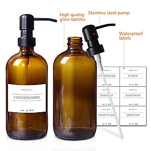 UrSpeedtekLive Bathroom Accessory Set 5 Pcs, 2 Pcs 16oz Amber Glass Soap Dispensers with Stainless Steel Pumps, 2 Pcs Qtip Holder Dispensers with Waterproof Labels & Bamboo Tray