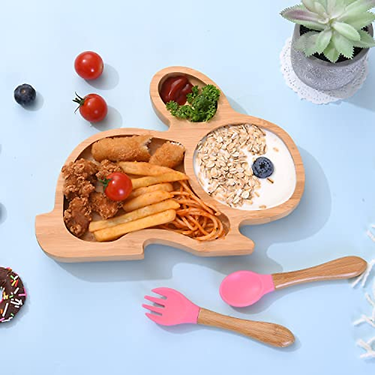Rabbit Bamboo Suction Plate Bamboo Toddler Plates and Spoon Fork for Kids Self Feeding (pink)