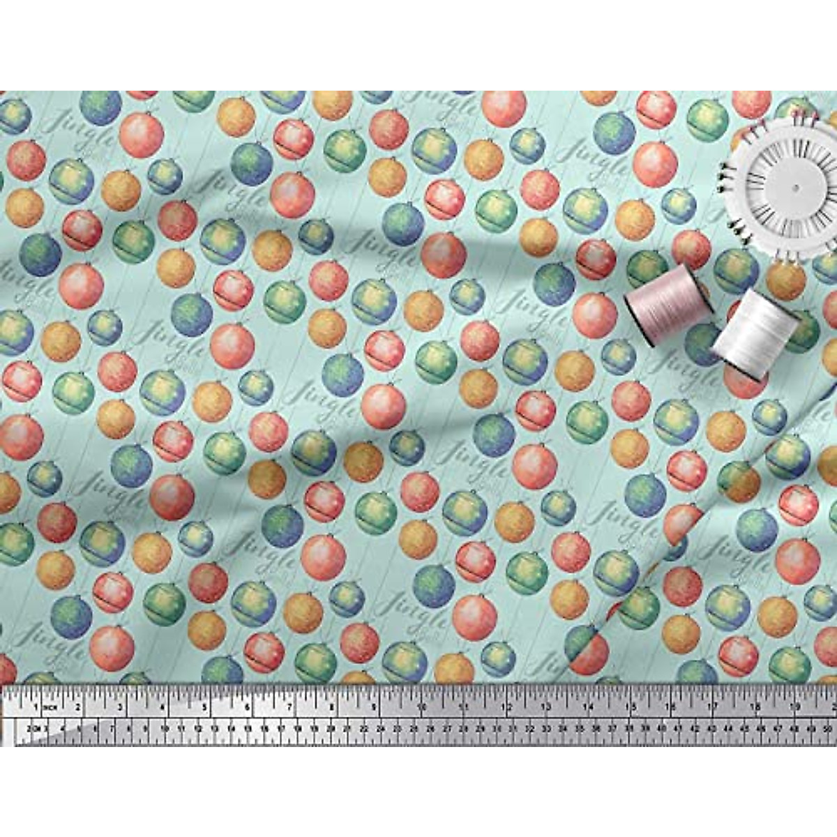 Soimoi Green Cotton Canvas Fabric Baubles Christmas Print Fabric by The Yard 56 Inch Wide