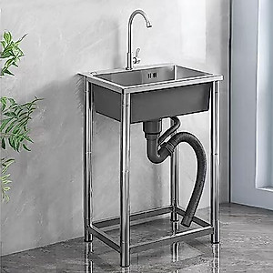 Commercial Sink Free Standing Stainless-Steel Single Bowl with Drain Kit Commercial Restaurant Kitchen Sink Set Stainless Steel Utility Sinks with Faucet (60cm/23.6in,Package A)