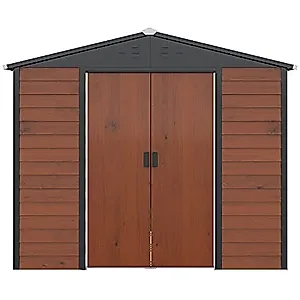 Outsunny 8' x 7' Outdoor Storage Shed, Garden Tool Metal Shed with Foundation Kit, Double Lockable Door, Air Vents and Sloping Roof, for Backyard, Patio, Lawn, Teak