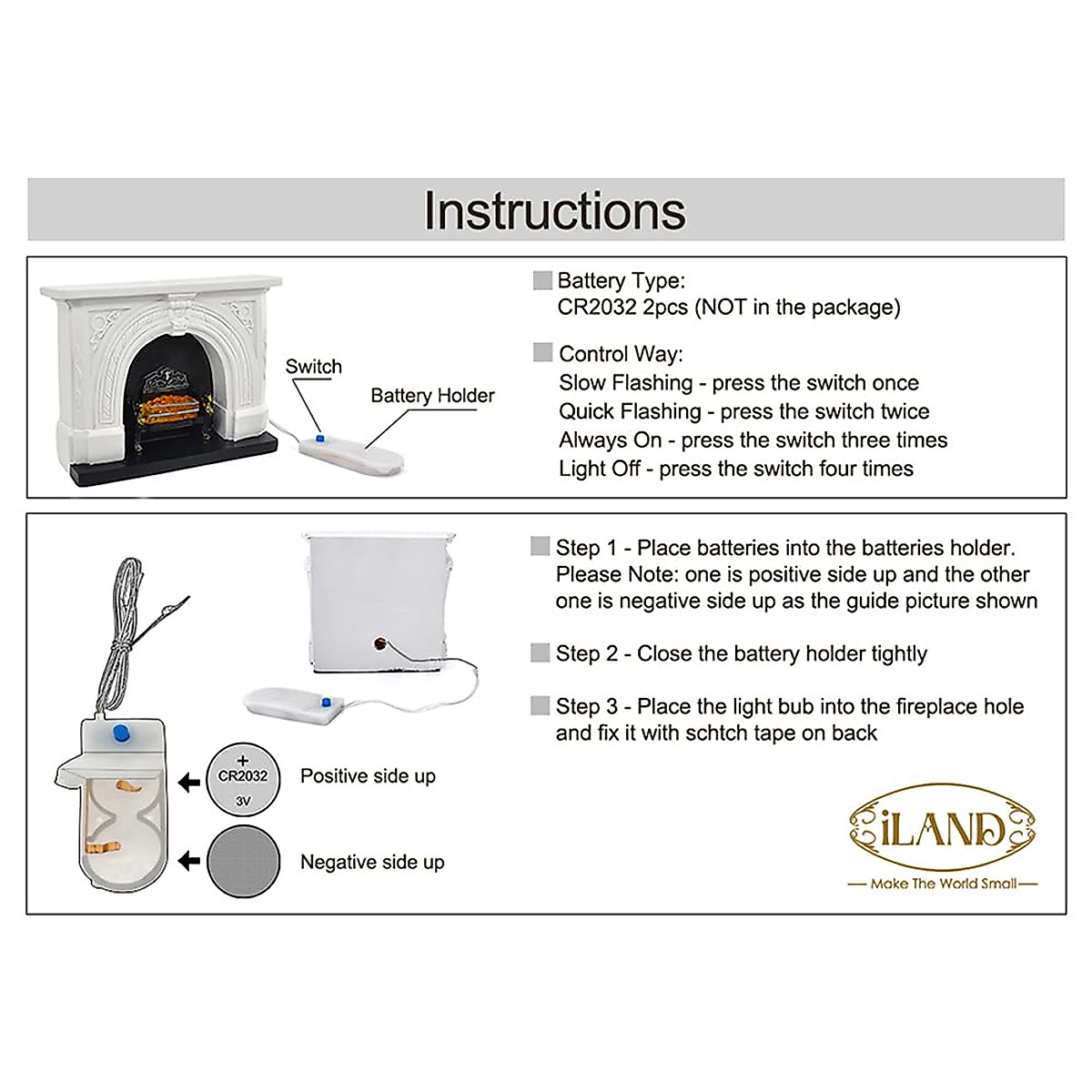 iLAND Dollhouse Furniture and Accessories of Dollhouse Fireplace on 1/12 Scale w/Fire Light & Fireplace Tong & Firewood Rack (Neoclassical 3pcs)