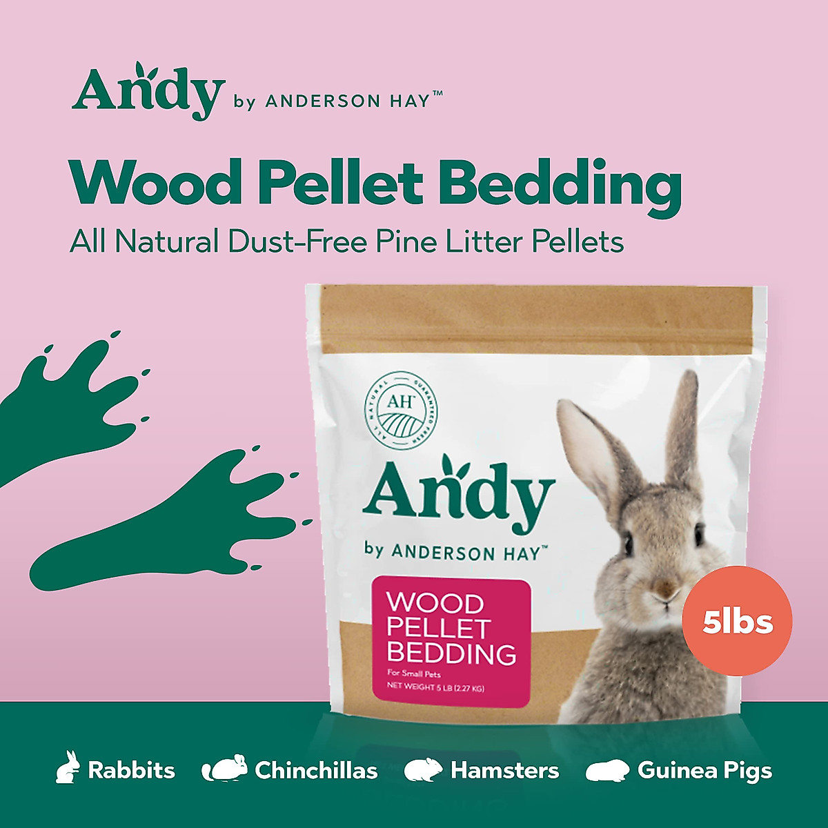 Andy Wood Pellet Bedding, 5 lb Bag, Premium Pine Pellets for Rabbits & Guinea Pig Bedding, Small Pets, Hamster, & Rabbit Litter