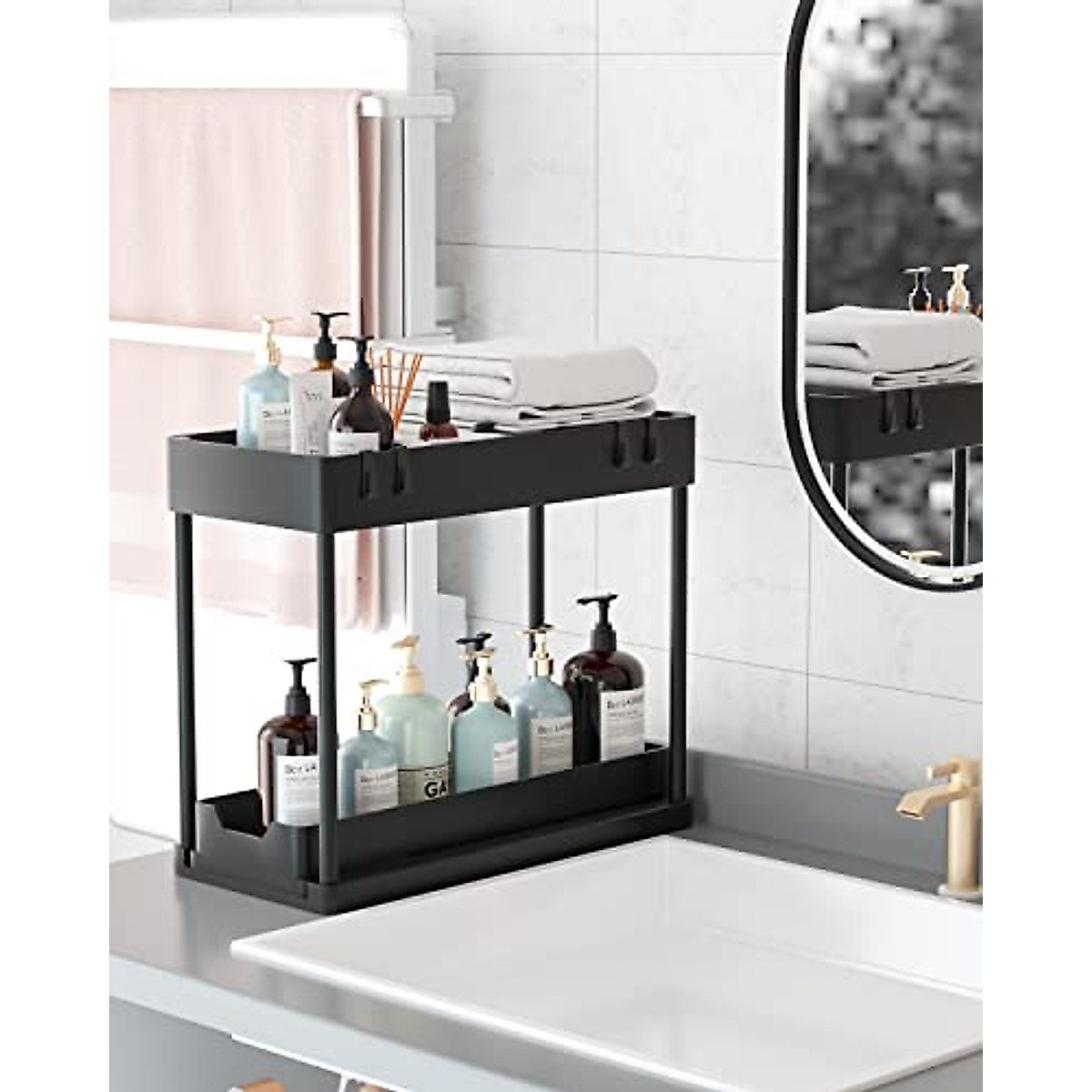 Gaclibl Under Sink Organizers and Storage, 2 Tier Under Cabinet Organizer with 4 Hooks Pull Out Under Sink Storage for Bathroom Kitchen Cabinet Counter Pantry, Black