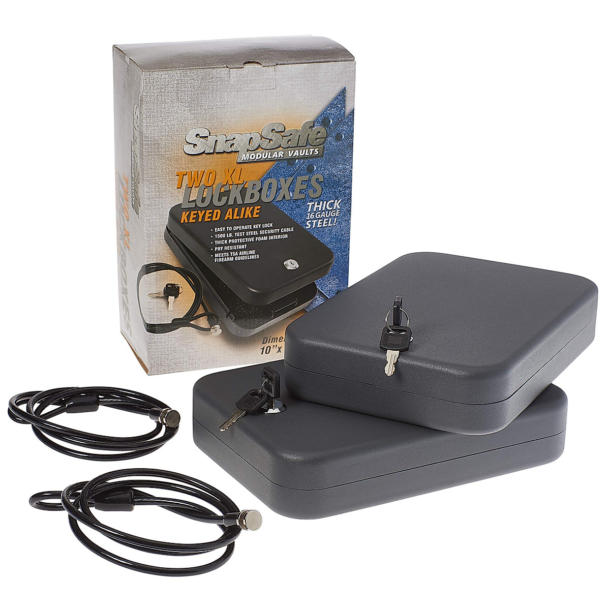 SnapSafe Portable Lock Box for Guns and Valuables, 2 Pack - Includes 2 Lock Boxes (Keyed Alike), 4 Keys, Patented Security Cable - An Ideal Car Gun Safe, TSA Gun Case - XL, Black, 10 x 7 x 2 Inches