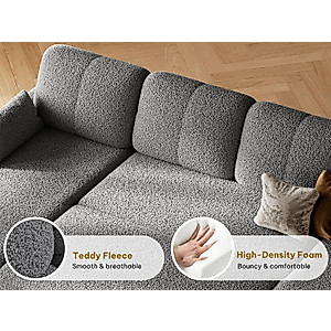 DWVO 86" Sectional Sofa Couch, 2 in 1 Sleeper Sofa Bed with Reversible Storage Chaise Pull Out Bed, L-Shape Sofa Bed for Living Room, Side Storage Pocket, Teddy Fleece, Grey