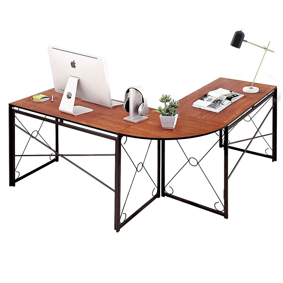 VECELO L Shaped Computer Corner Desk, 59’’x59’’ Large Industrial Home Office Workstation, Multi-Usage Long 2 Person Table, Easy Assembly/Saving Space, Steel Frame&Wooden Grain, Brown