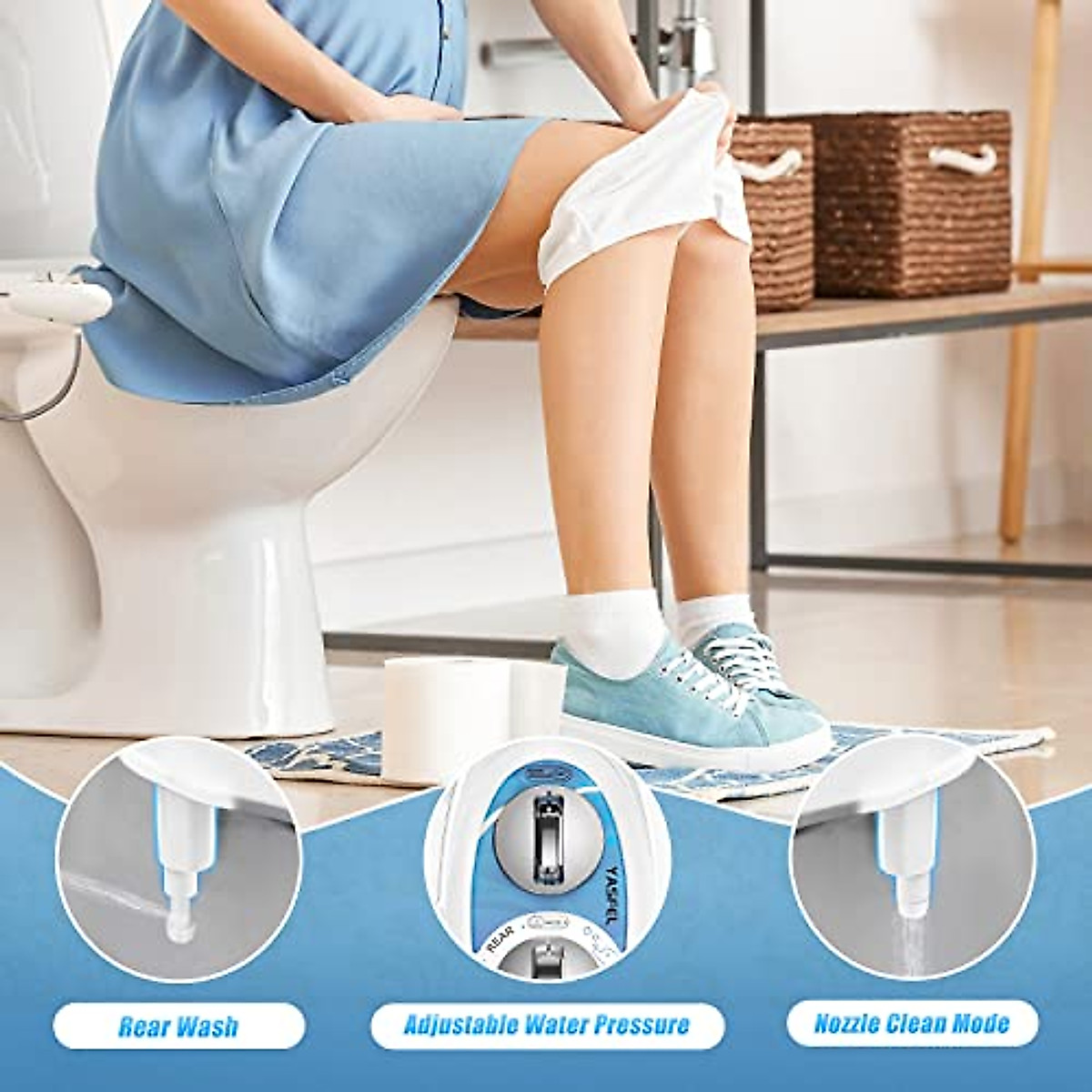 YASFEL Bidet Toilet Seat Attachment - Fresh Water Non-Electric Bidet Toilet Seat Attachment w/Self-cleaning Nozzle and Easy Water Pressure Adjustment, Bidet Toilet Seat Attachment (Blue White)
