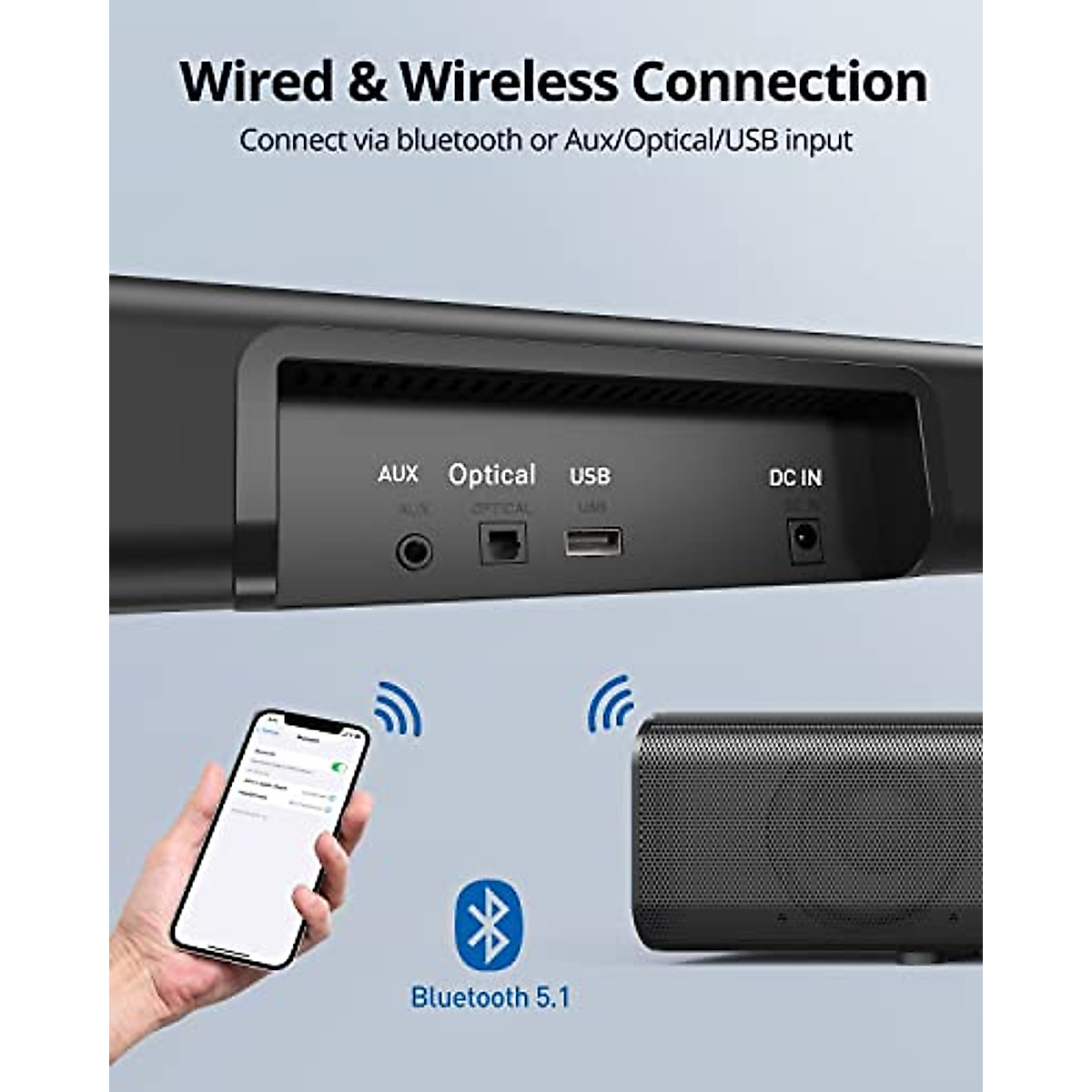 Sound Bar, SOUNDWINGS 26-Inch Soundbar for TV, 3D Surround Sound Audio System, Bluetooth 5.1/USB Connectivity, Button/Remote Control, for 4K & HD TV, 3 Equalizer Mode for Home Theater/Gaming/Projector