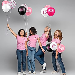 Grehge ces Pink Ribbon Latex Balloons Breast Cancer Awareness Balloons Transparent Confetti Glitter Balloons Set Printed Balloons with Ribbons for Charity Fundraiser Party Supplies, 8 Designs