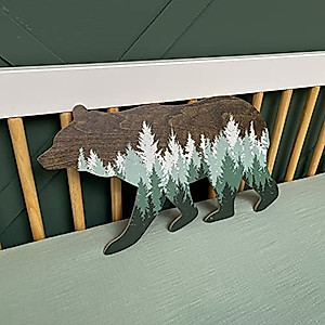 Forest Bear Wall Sign, Adventure Woodland Theme, Rustic Nursery Decor, Pine Tree Mountain Aesthetic, 18 x 10 inches, Man Cave Home Bedroom Cabin Office House Art Decorations, Hickory Hollow Designs… (Dark Walnut/Green Pine Trees)