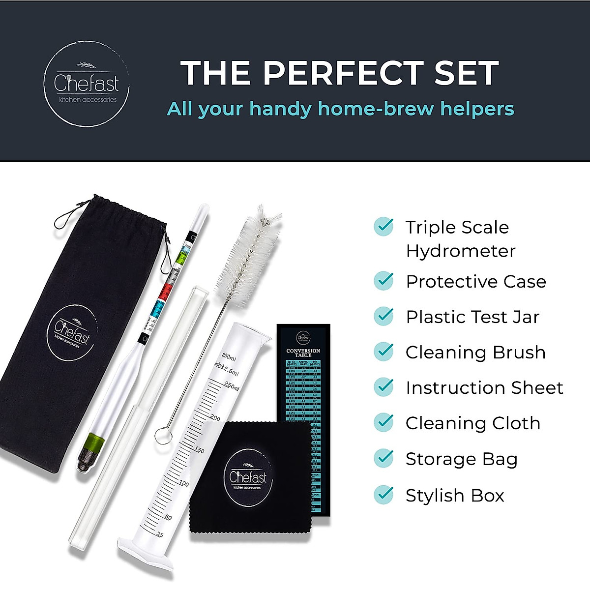 Chefast Triple-Scale Hydrometer Kit with Plastic Test Jar for Wine, Beer, Mead and Kombucha - Alcohol Tester, Hydrometer Alcohol, ABV, Brix and Gravity Tester - Home Brewing Supplies, 0-200 Proof