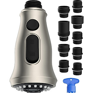 Hygie Rinse Pull Down Faucet Head Replacement with 9 Adapters Compatible with Moen Delta Faucet Head, 3 Function Kitchen Sink Faucet Sprayer Head Fit Most Faucet, Brushed Nickel