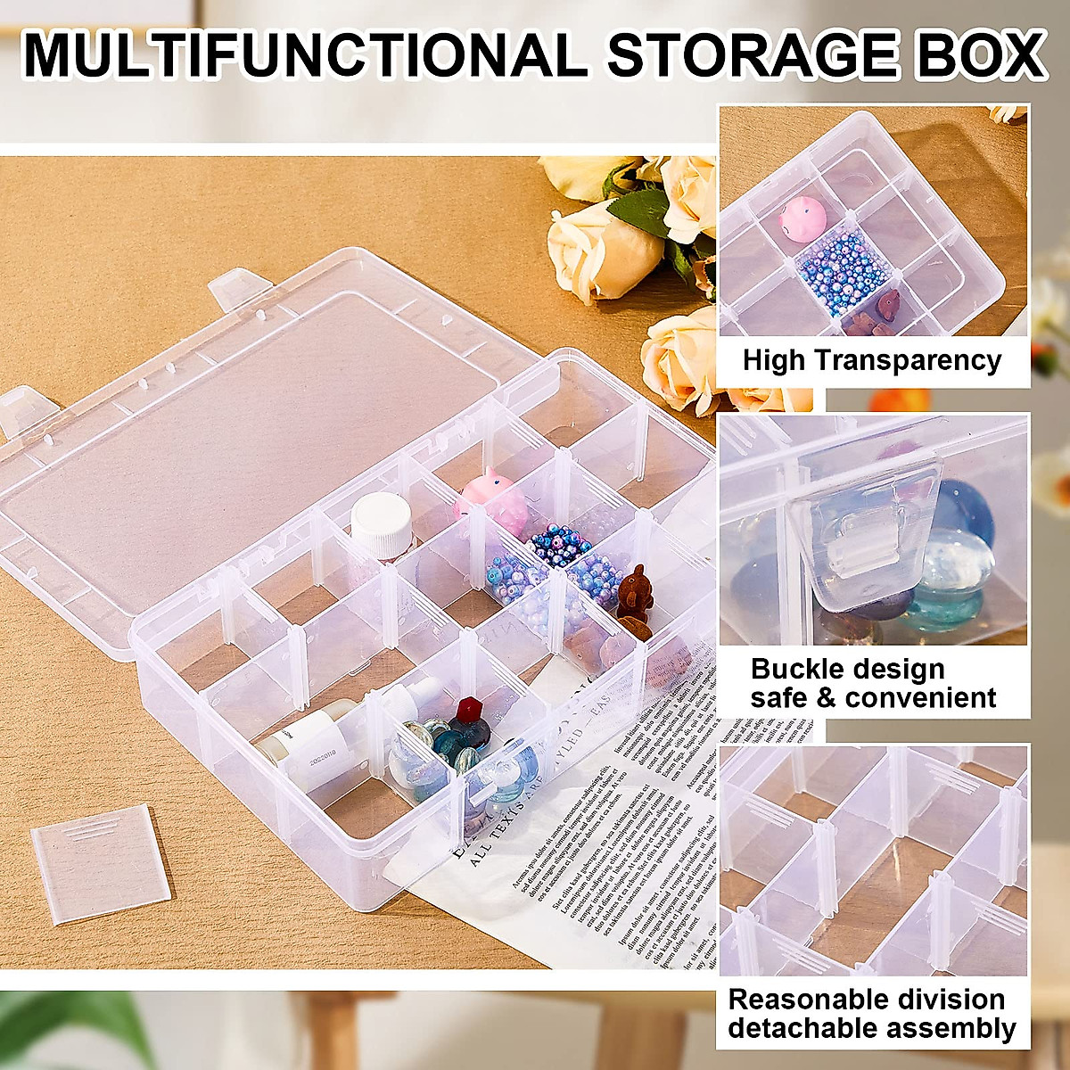 15 Large Grids Storage Container 11 x 6.7 x 2.2in Plastic Washi Tape Organizer Clear Craft Box with Removable Divider Clear Compartment Jewelry Box Organizer for Beads Crafts Fishing Tackles(7 Pcs)