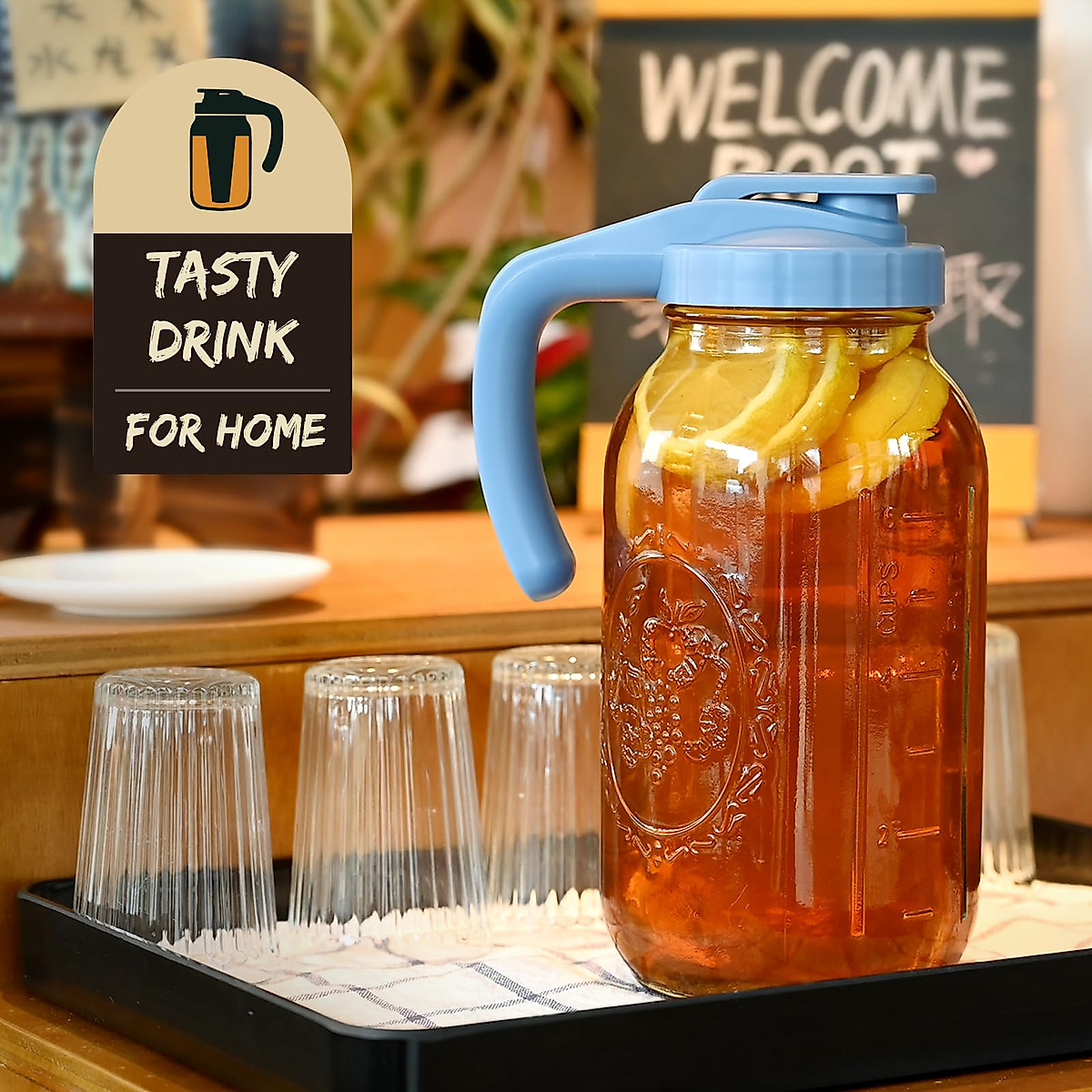 LIVEBAY Glass Pitcher with Lid 2 Quart (64oz / 2 Liter) Heavy Duty Wide Mouth Mason Jar Leak-proof Water Jug for Iced Tea, Juice and Drinks