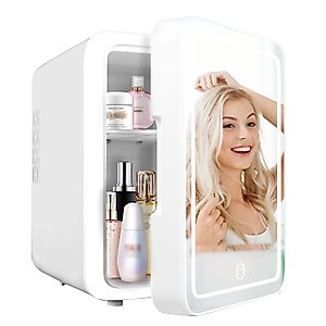Juturnas Mini Makeup Fridge,Skincare Fridge with Cooler or Warmer,AC/DC Powered,with LED Light Mirror,Portable Small Refrigerator for Cosmetics,White