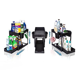 evismo 2-Tier Under Sink Organizer, Bathroom & Kitchen Multipurpose Cabinet Storage, with Pull-out Sliding Drawer, Hooks & Hanging Cups, Adjustable Height, Cabinet Organizer, Black